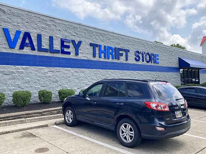 Those bold blue letters against white brick promise treasure hunting on a scale that'll make your heart sing.