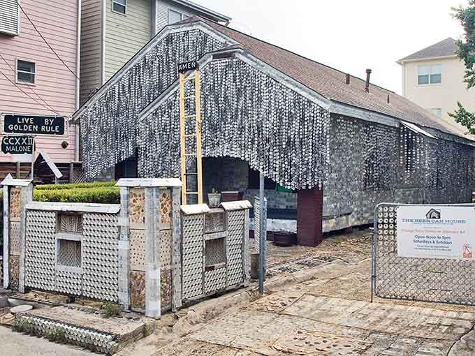 The front yard showcases beer can sculptures and decorations that transform recycling into pure neighborhood spectacle.
