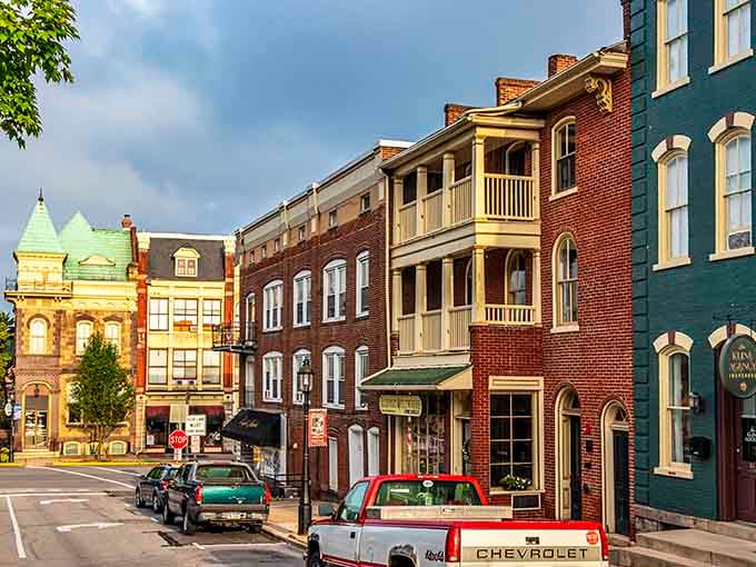 Victorian architecture meets small-town charm where every colorful building tells its own story through brick and balconies.