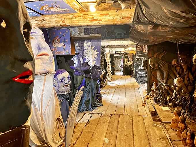 These handcrafted characters wait patiently in their wooden theater home, ready to spring into storytelling action.