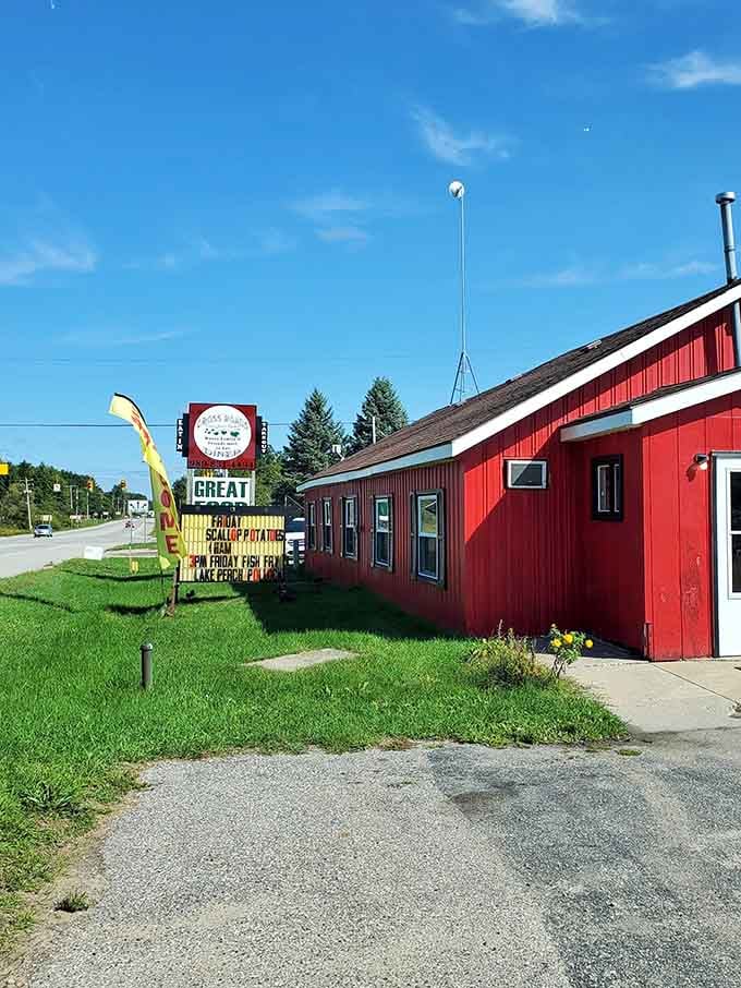 The bright red barn of Cross Roads Diner stands out like a beacon for breakfast lovers seeking comfort food heaven.