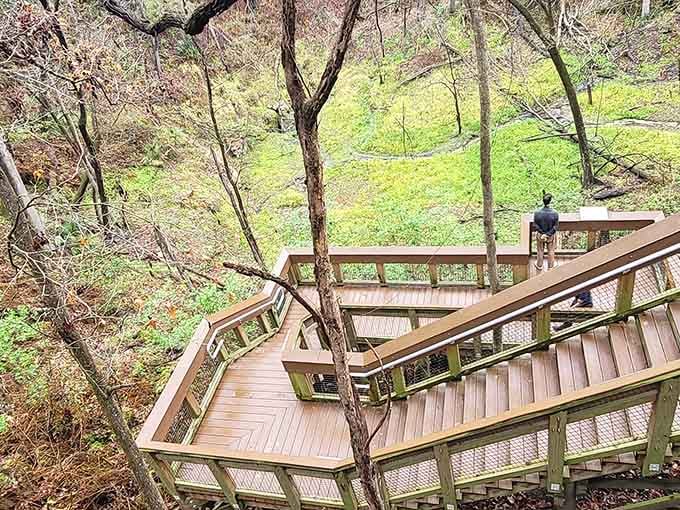 Those 232 wooden steps zigzag down like nature's own spiral staircase into a hidden world below.