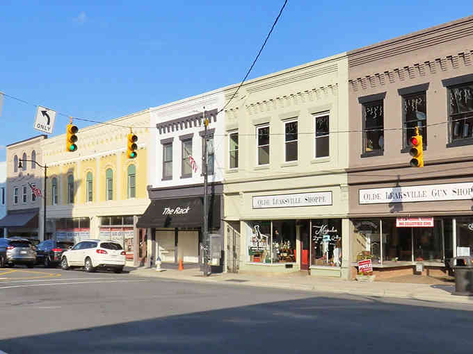 Sunshine bathes these storefronts like a Norman Rockwell painting come to life.