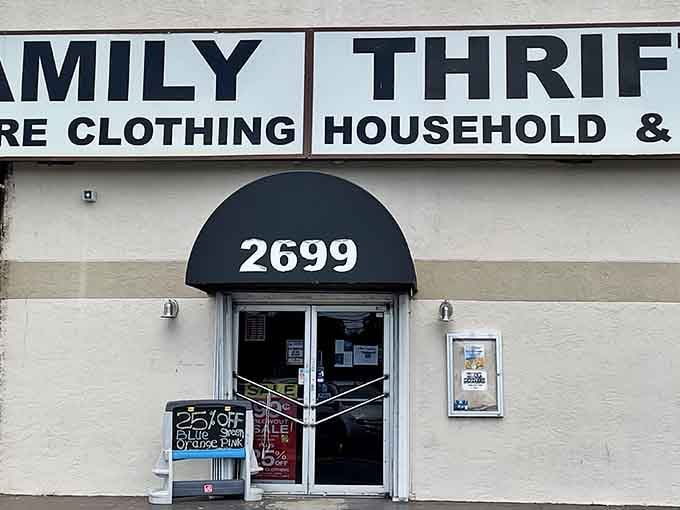 A closer look at Family Thrift's entrance reveals their focus on furniture, clothing, and household goods. Bargain hunters, take note!