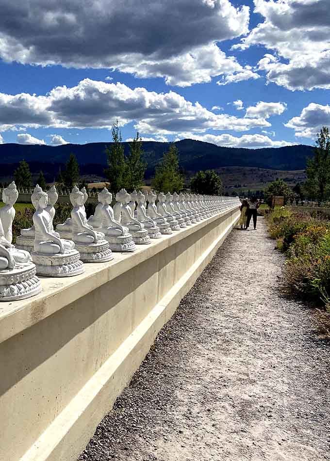 The Garden's meditation path winds between pristine Buddha statues, with Montana's majestic mountains providing a stunning backdrop.