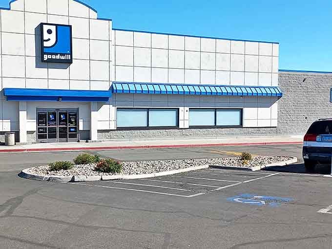 Clean, organized, and ready for exploration &ndash; this Goodwill's bright blue awning promises adventures in secondhand shopping.