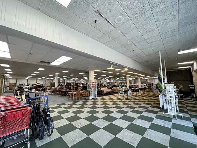 Step inside to discover checkered floors stretching toward endless aisles of furniture, appliances, and home renovation dreams.