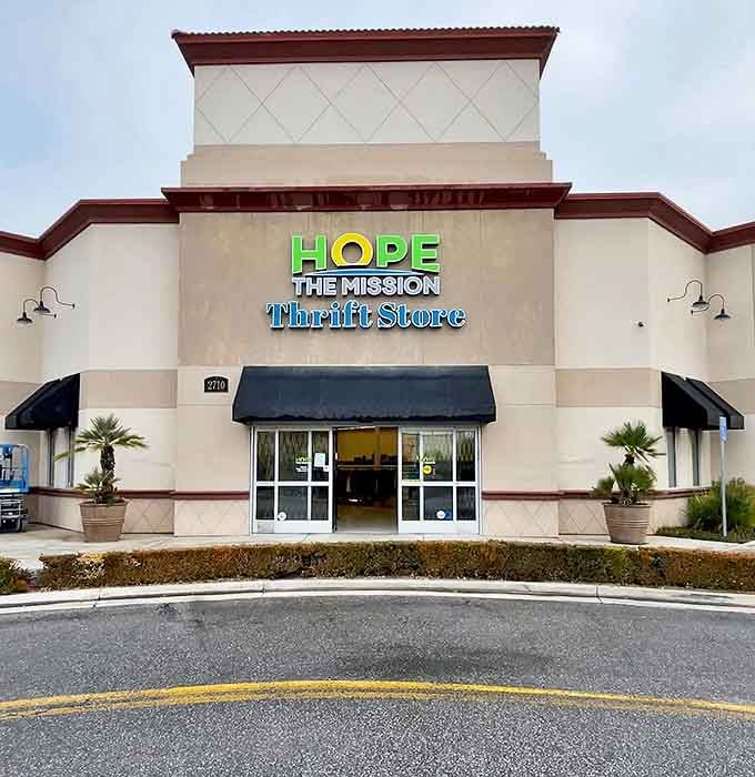 A welcoming storefront that promises treasures inside &ndash; Hope the Mission's clean exterior hints at the organized chaos within.