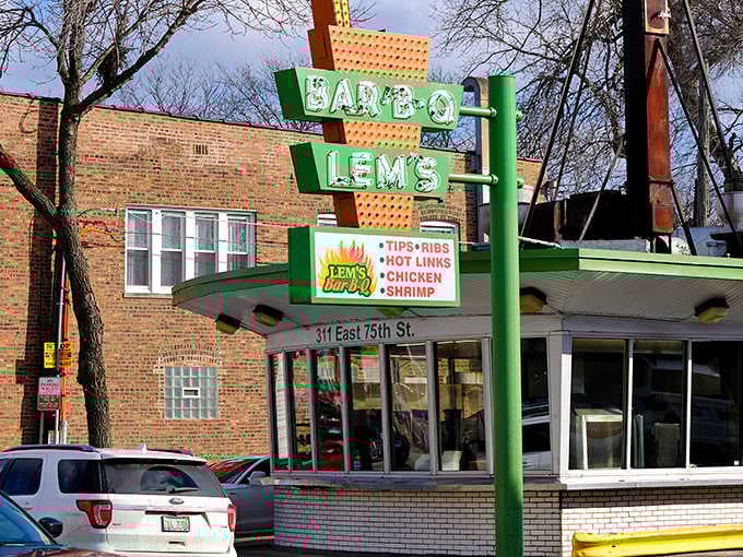 Lem's vintage neon sign glows like a beacon of hope for anyone with a serious rib craving.