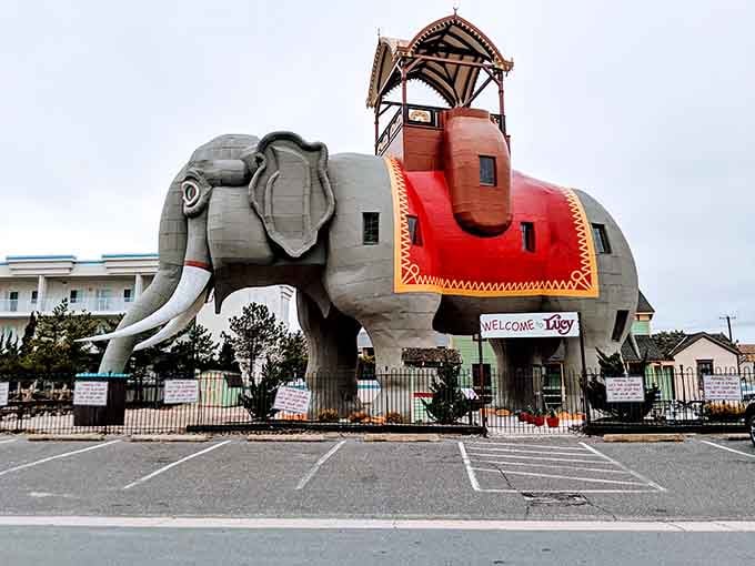 This magnificent elephant building welcomes visitors with her trunk raised, a testament to Victorian-era imagination and craftsmanship.