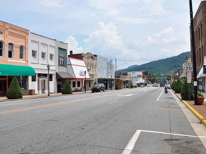 Mountains frame this quiet main street where the speed limit is more suggestion than requirement.