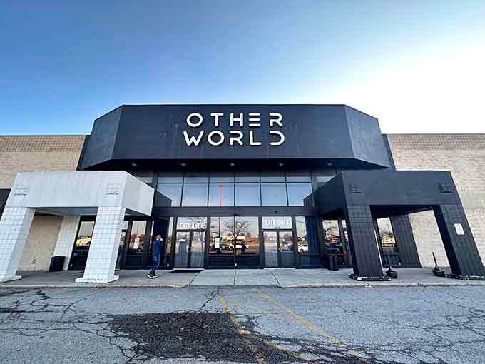 Under blue skies, the bold black-and-white facade promises adventures that defy everyday reality and expectations.