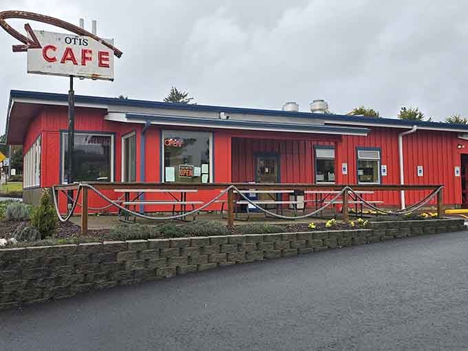 The bright red building practically glows with promise, beckoning hungry travelers off the highway for legendary pancakes.