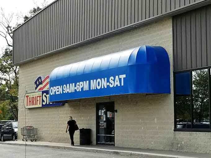 The bright blue awning beckons like a beacon for bargain seekers who know quality doesn't require a fortune.