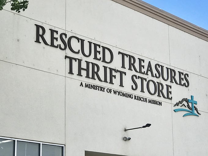 Bold lettering against white walls promises rescued treasures inside &ndash; a thrifter's version of "X marks the spot."