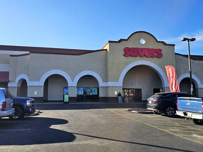 The grand arched entrance and spacious parking lot promise a treasure-hunting adventure that could last all afternoon.