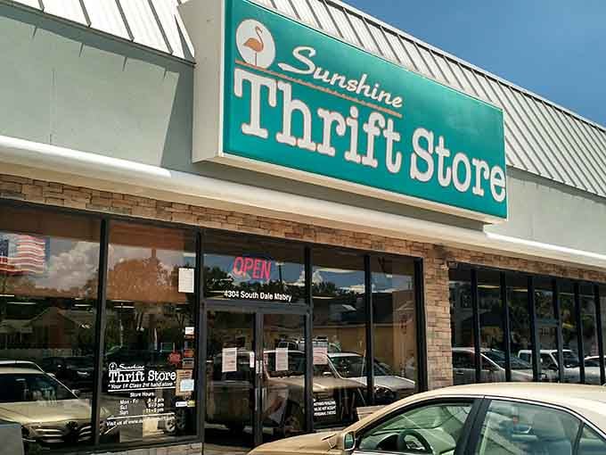 The welcoming storefront with its glass doors invites you inside where countless bargains await your discovery.