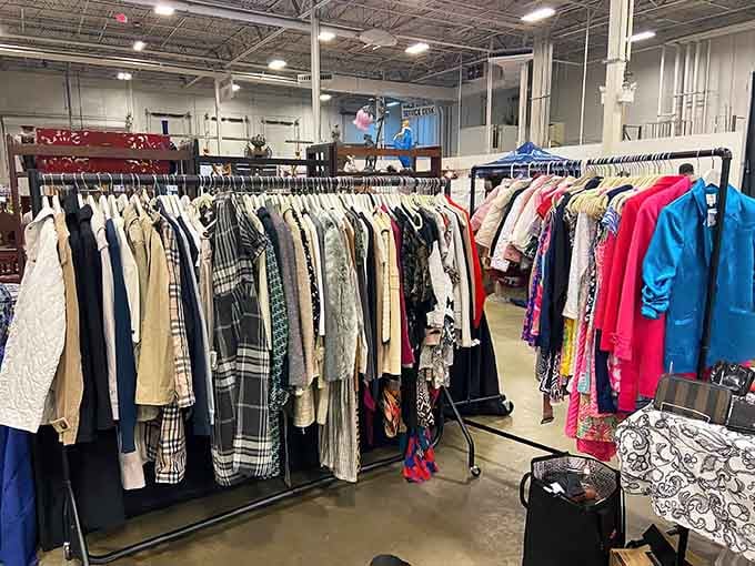 Racks bursting with every color imaginable prove that one person's closet cleanout is another's fashion jackpot.