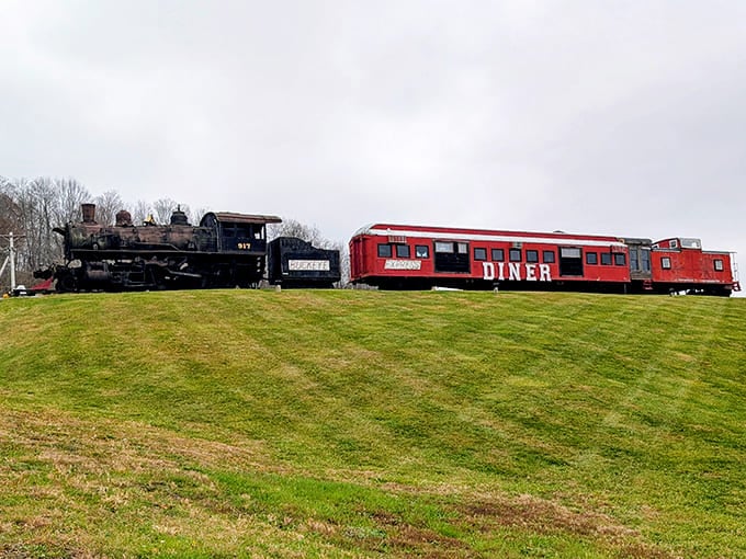 The authentic dining car waits patiently on the hillside, ready to transport you straight to 1955.