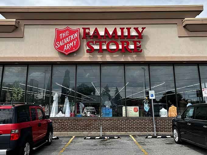 Those massive glass windows hint at the endless racks of clothing and furniture deals waiting beyond the doors.