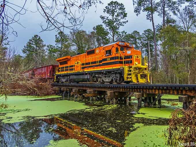 That bright orange locomotive crossing the swampy waters looks like it wandered off a model train set into real life.
