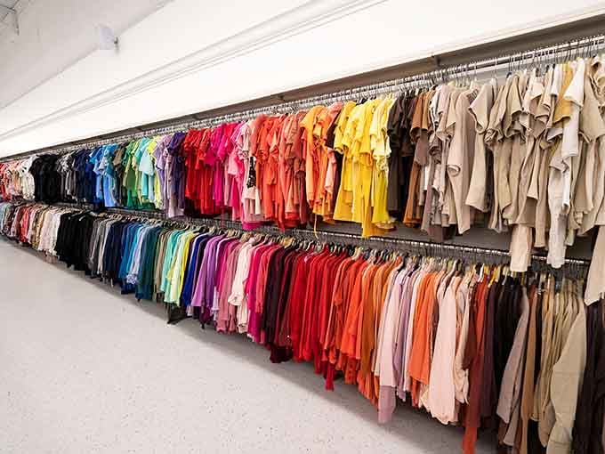 Behold the rainbow of possibilities stretching endlessly, organized by color like a thrifter's fever dream come true.