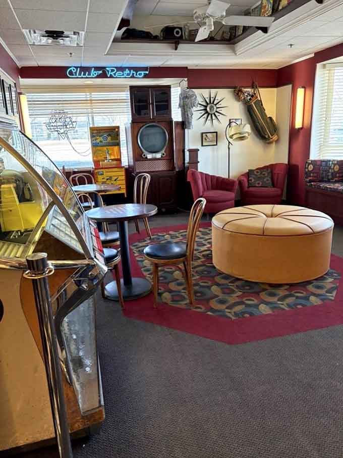 The Club Retro area features authentic vintage furniture that makes modern minimalism look like a design mistake.
