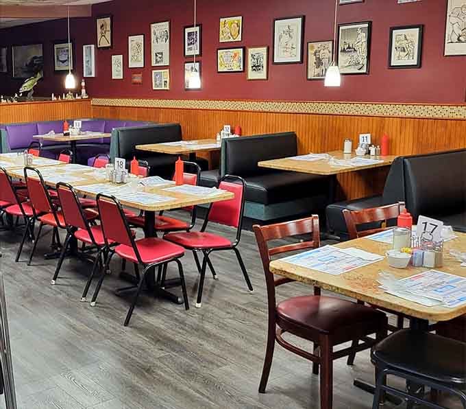 Red walls and black booths create the perfect backdrop for serious breakfast conversations and even more serious eating.