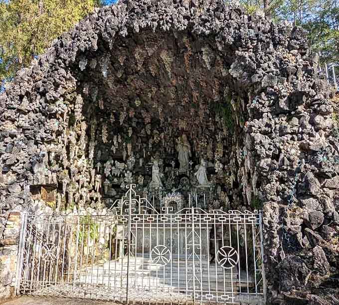 Behind ornate gates lies a grotto that sparkles with repurposed treasures, proving one monk's junk was everyone's architectural joy.
