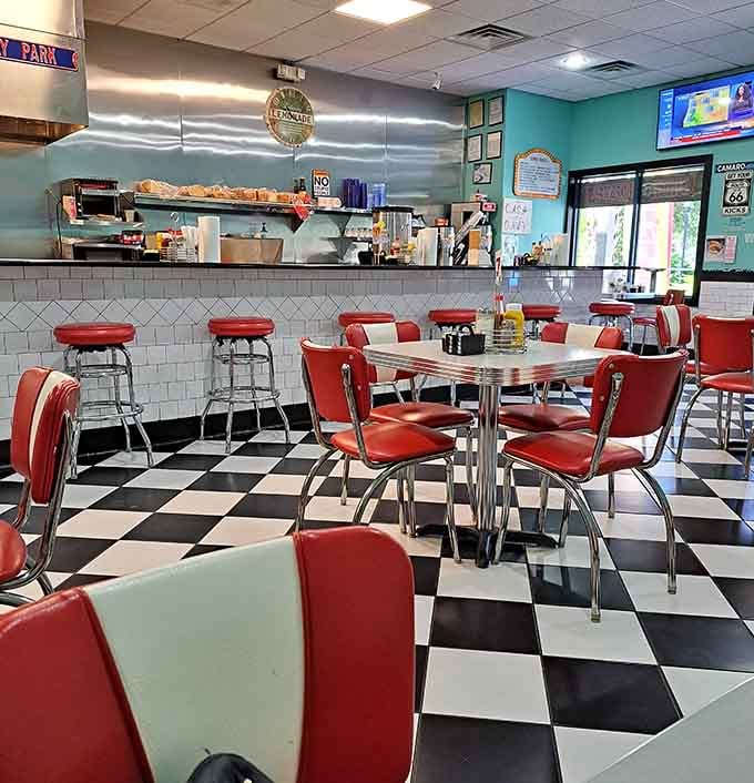 Step inside and suddenly it's 1955 again, complete with chrome, checkered floors, and the promise of real food.