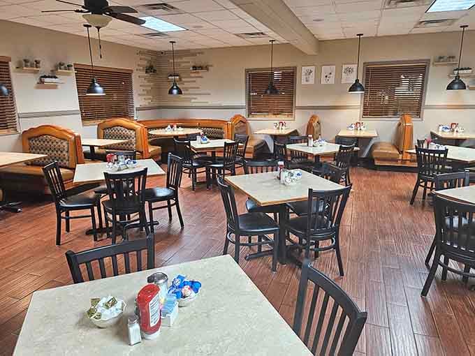 Modern farmhouse meets classic diner vibes in a space that feels both fresh and familiar.