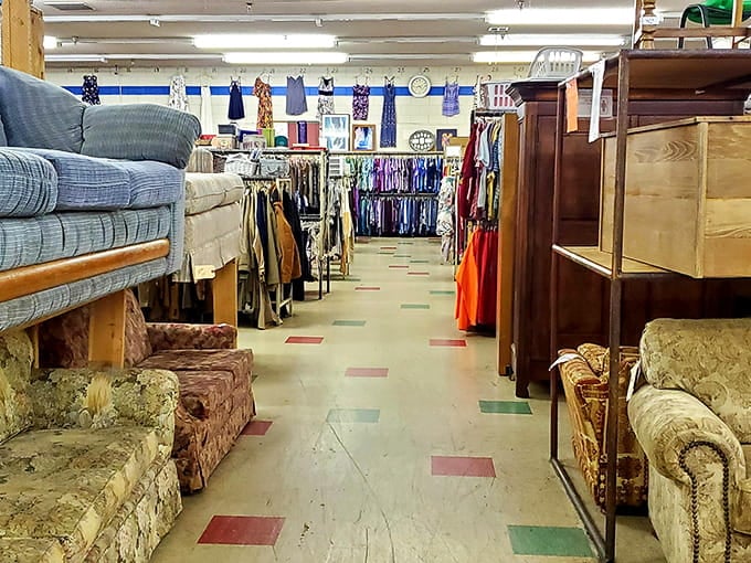 Those colorful floor tiles guide you through aisles of possibility, like a thrift store yellow brick road to bargain paradise.
