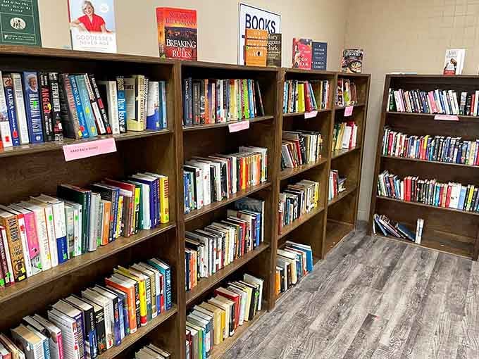 A book lover's paradise where yesterday's bestsellers become today's bargains, organized better than most people's home libraries.