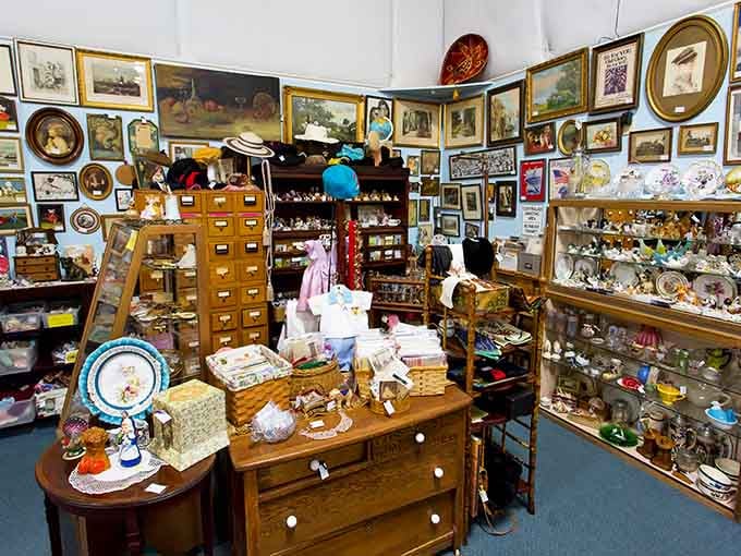Every surface tells a story here, from delicate china to vintage card catalogs that once organized entire libraries.