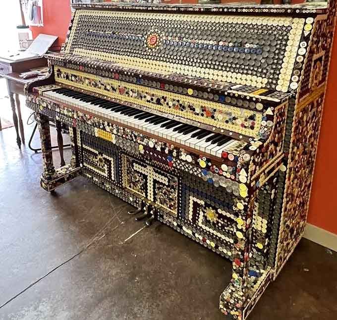 A fully functional piano transformed into a button masterpiece that somehow makes perfect musical and visual sense.