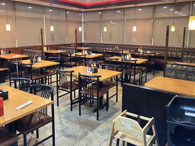 Clean, spacious, and unpretentious, this dining room understands that sometimes the best atmosphere is simply not getting in the way of good food.