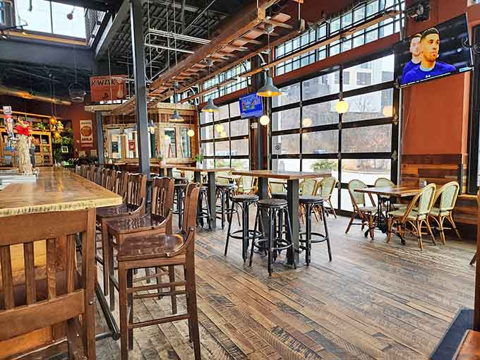 Exposed beams and warm wood create a space that feels like a European caf&eacute; had a baby with Wisconsin charm.