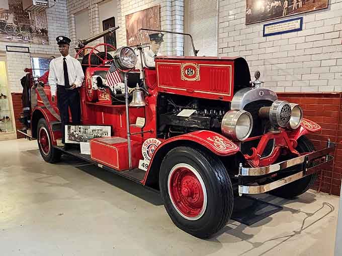 That gleaming vintage fire engine isn't just for show; it's a time machine on wheels with stories to tell.