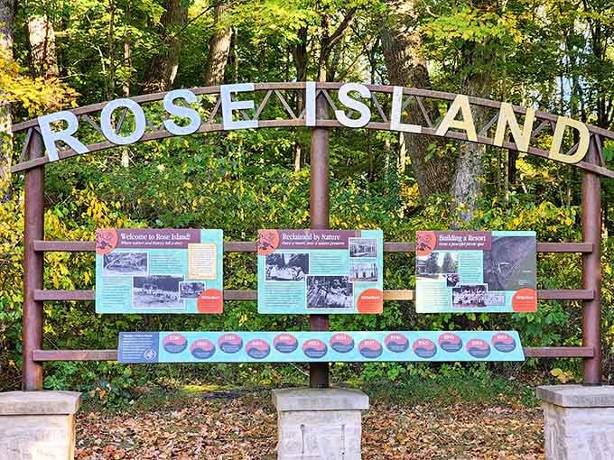 Rose Island's story unfolds through these interpretive panels, where history meets hiking in the most delightful way.