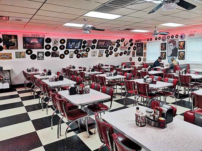 Classic diner vibes with checkered floors and red vinyl chairs that have witnessed countless breakfast victories over the years.