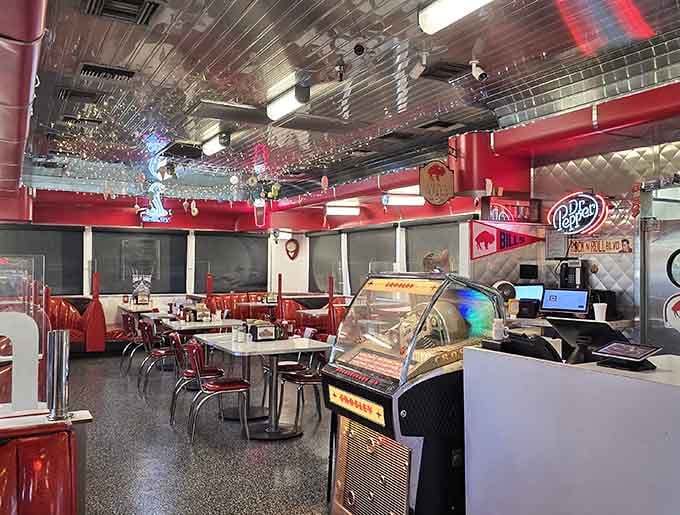 Step inside and let that jukebox serenade you while chrome and red vinyl work their nostalgic magic.