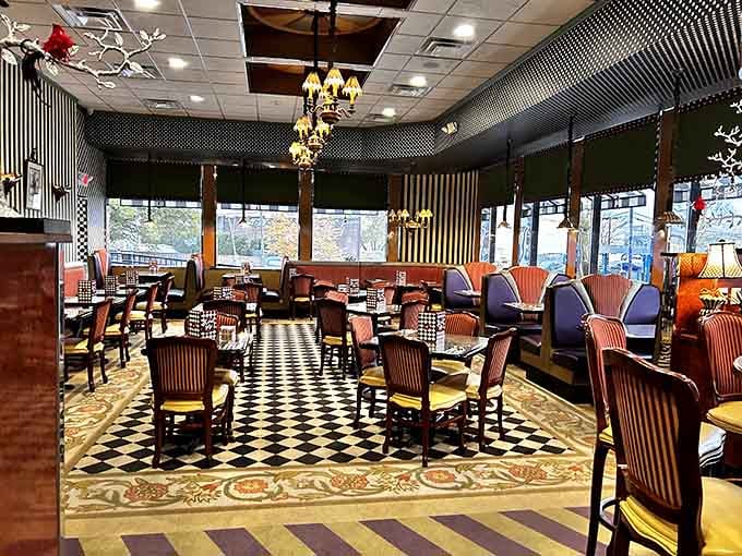 Step into a dining room where Lewis Carroll meets classic American comfort, and somehow it all makes perfect sense.