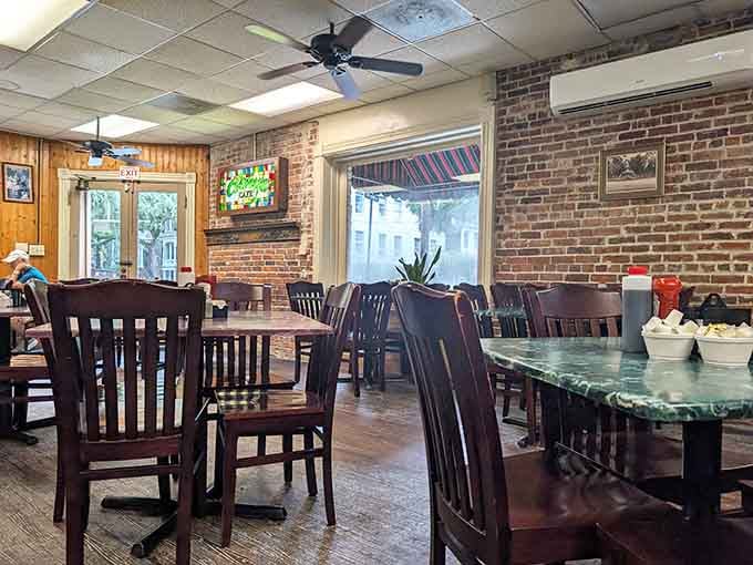 Exposed brick and green marble tables create the perfect backdrop for serious breakfast contemplation and conversation.