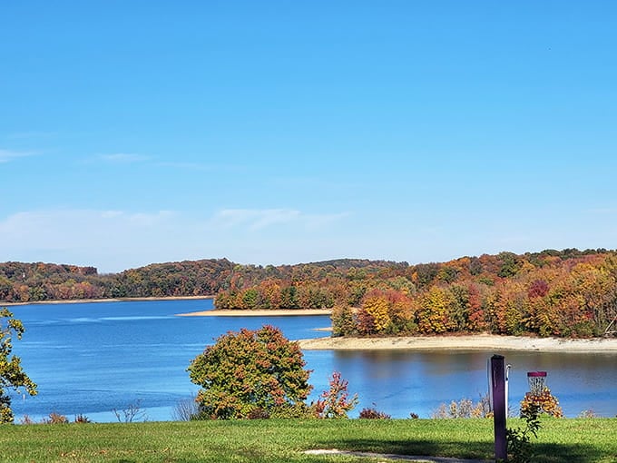 Fall colors transform the shoreline into nature's own fireworks display, no loud noises required.