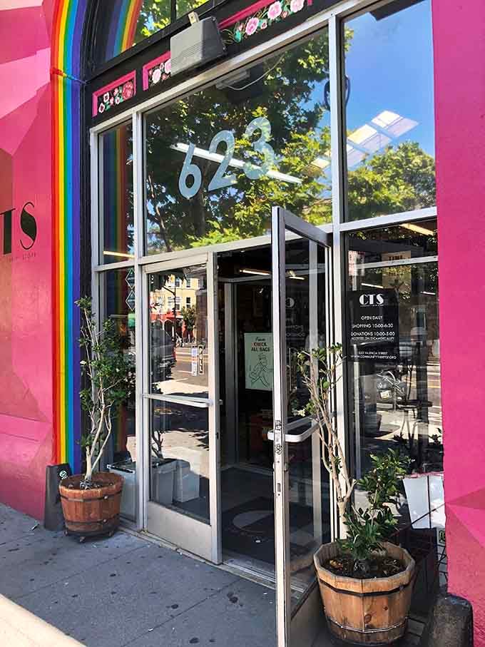 Glass doors flanked by potted plants welcome you into a thrifter's paradise where bargains and community spirit collide beautifully.