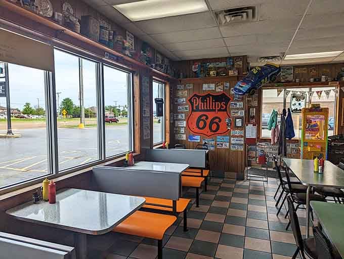 Route 66 memorabilia covers every surface, turning lunch into a journey through America's highway history.