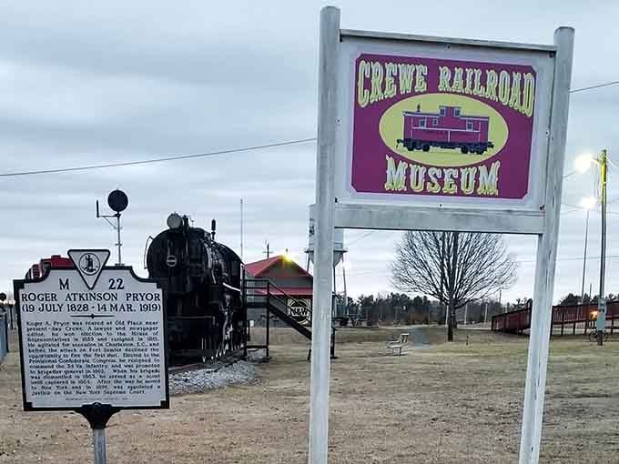 The cheerful signage welcomes you to a place where railroad history lives on in authentic style.