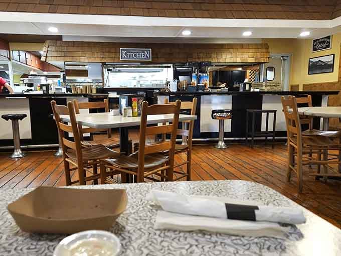 The open kitchen means they're not hiding anything, which is always the sign of a restaurant with confidence.