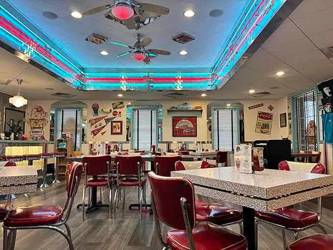 Chrome, vinyl, and neon lighting create an atmosphere so authentic you'll check your phone to confirm it's still 2024.