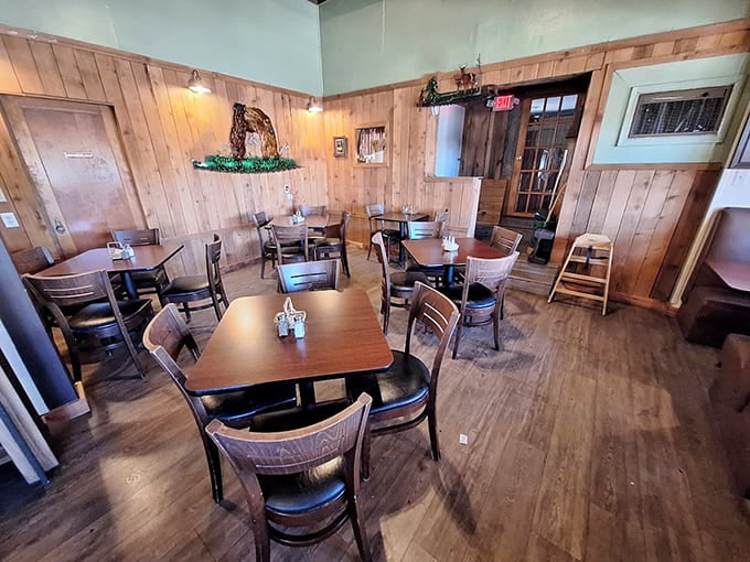 Wood paneling and simple tables create the kind of atmosphere where strangers become friends over coffee refills.